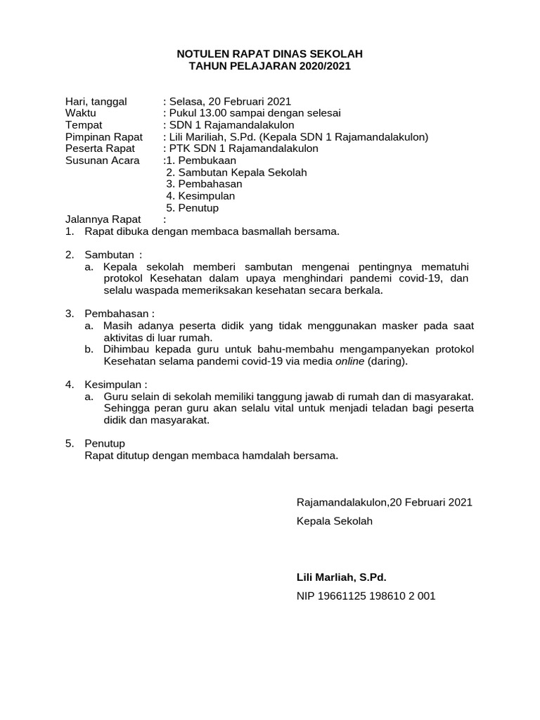Notula Rapat Dinas Sekolah | PDF