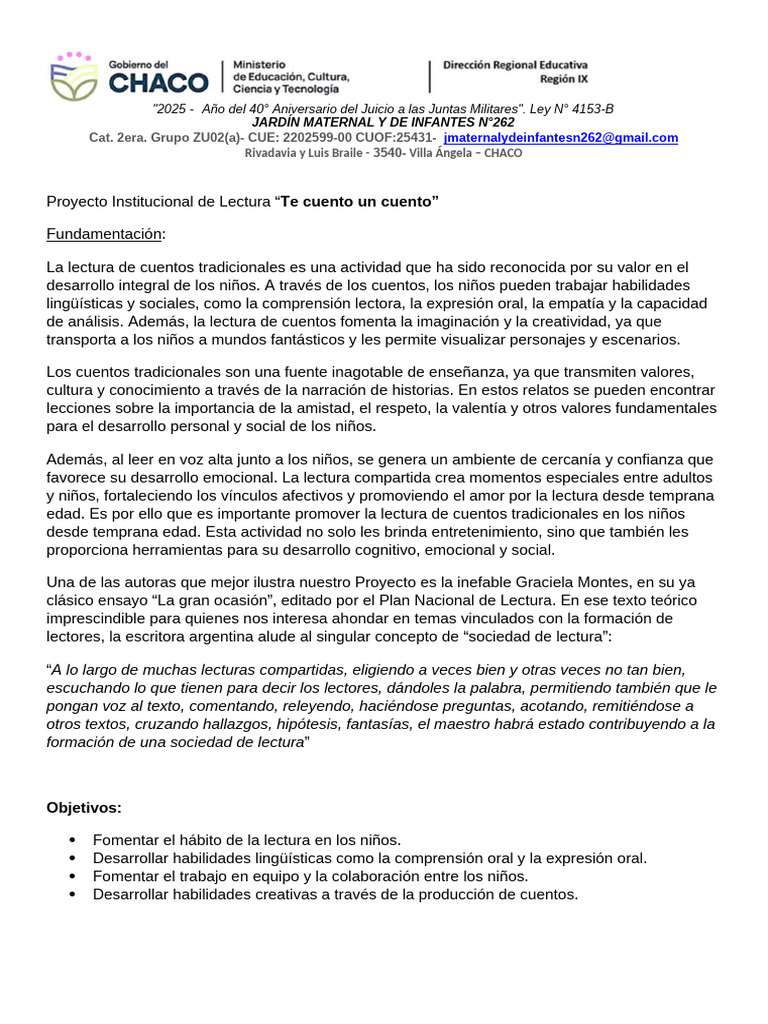 Proyecto Institucional de Lectura. V | PDF | Narración | Cuentacuentos