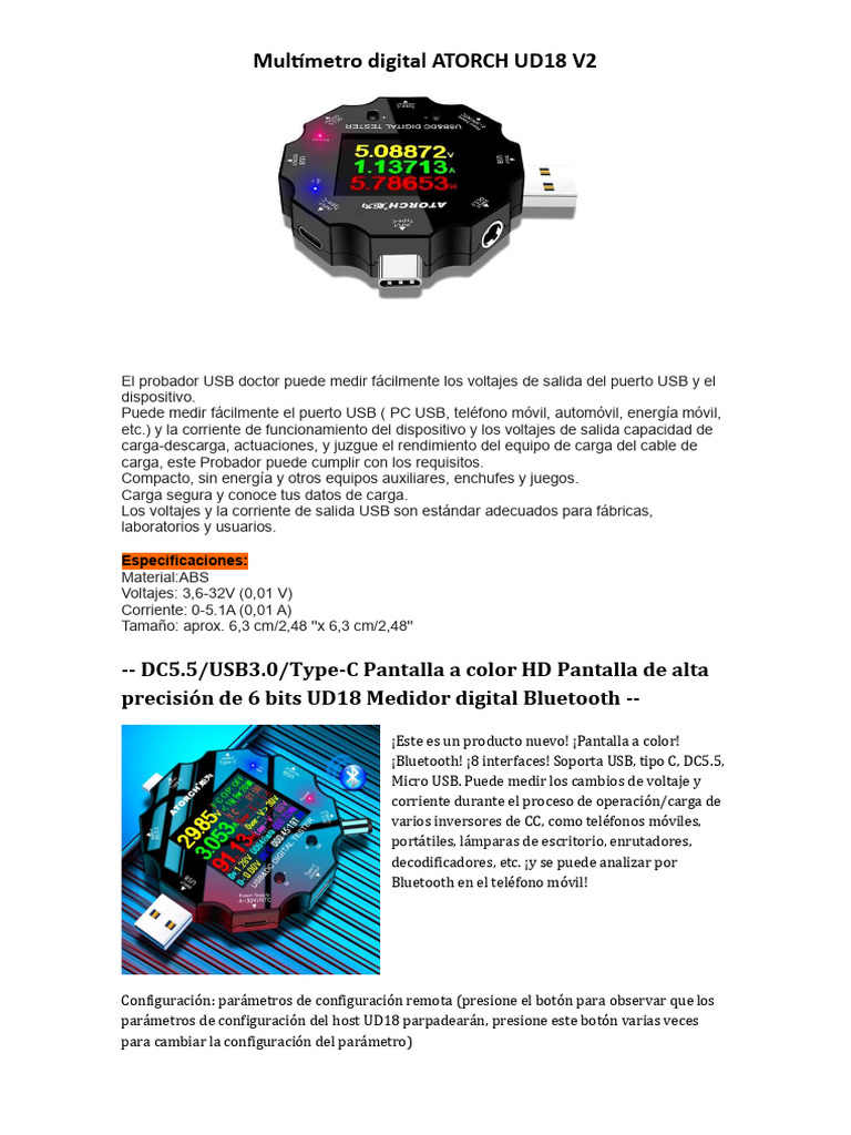 Datasheet Multímetro digital ATORCH UD18 V2 | PDF | USB | Bluetooth