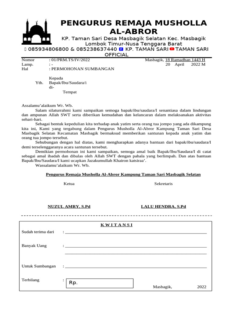 Surat Permohonan Sumbangan PRM Al-Abror Taman Sari | PDF