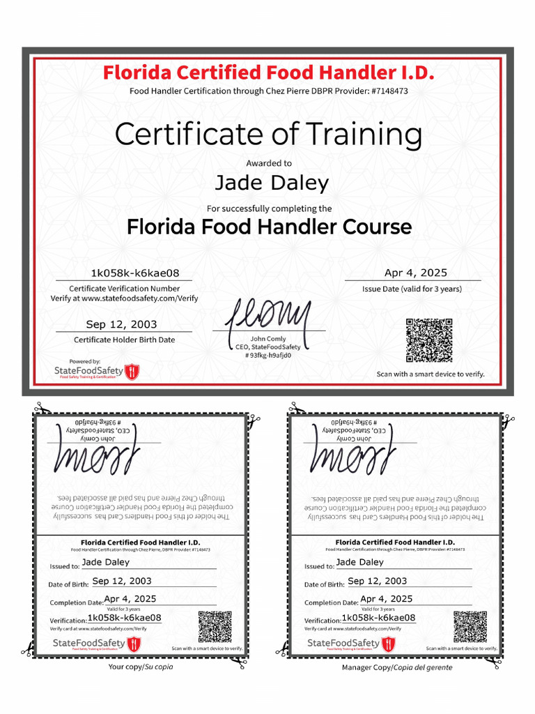 Florida Certified Food Handler I D 1 | PDF
