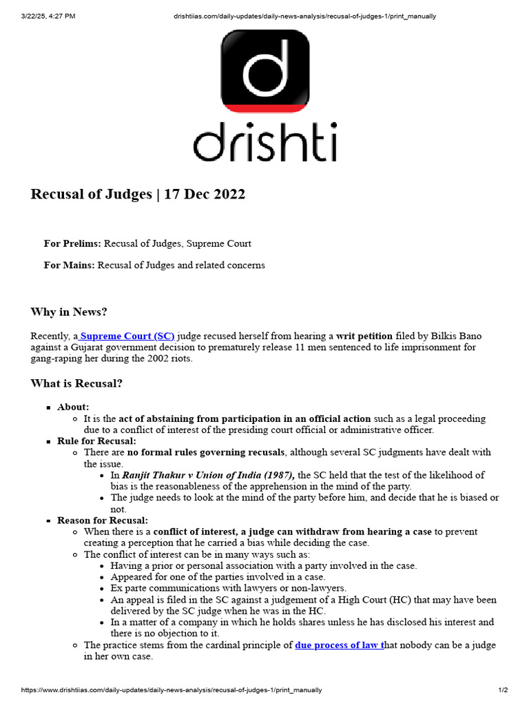 Drishtiias.com Daily Updates Daily News Analysis Recusal of Judges 1 ...