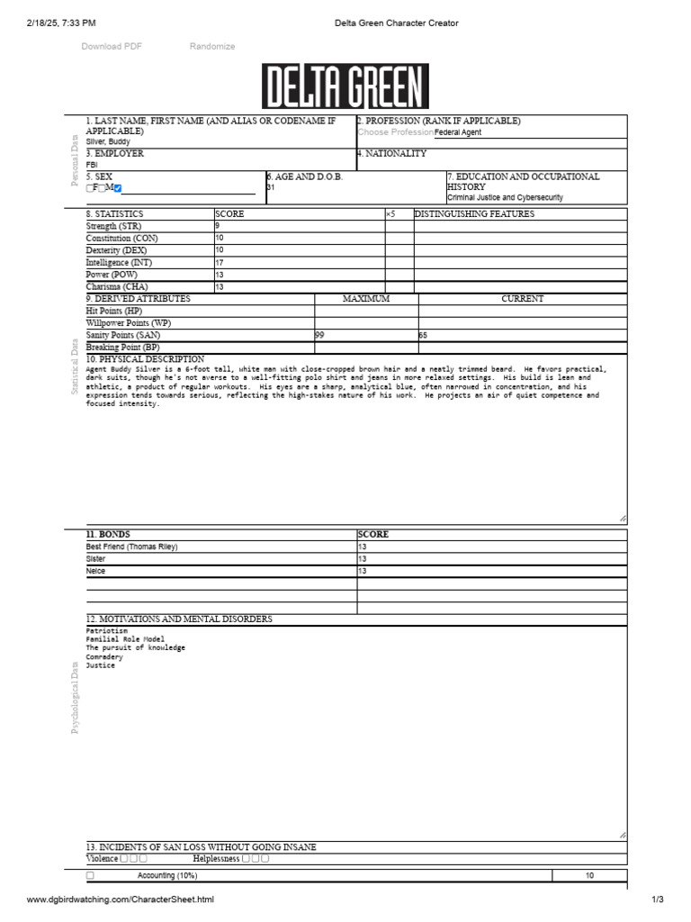 Delta Green Character Sheet Example | PDF | Armour