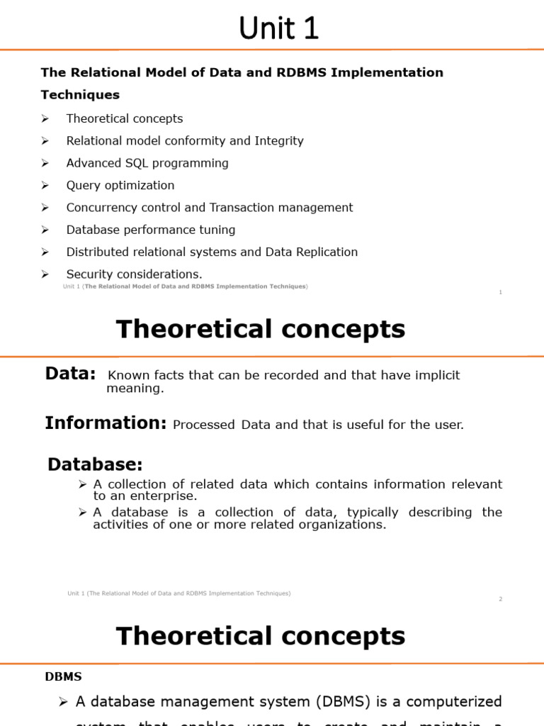 Unit 1 (The Relational Model of Data and RDBMS Implementation Techniques) | PDF | Relational ...