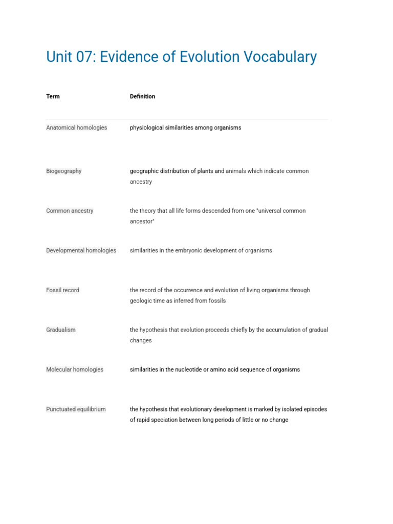 Unit 07 - Evidence of Evolution Vocabulary | PDF