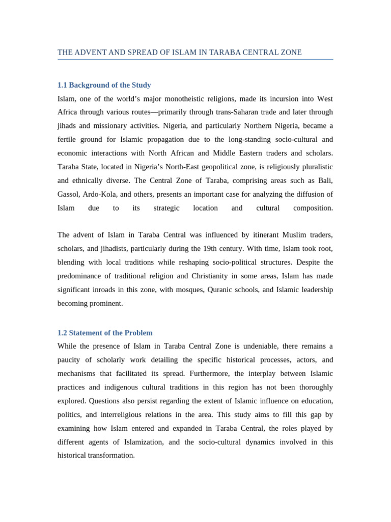 The Advent and Spread of Islam in Taraba Central Zone | PDF | Quran | Islam