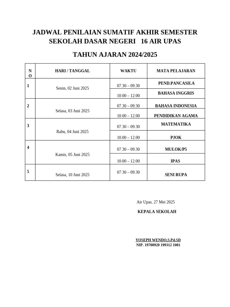 Jadwal Penilaian Sumatif Akhir Semester 2025 | PDF