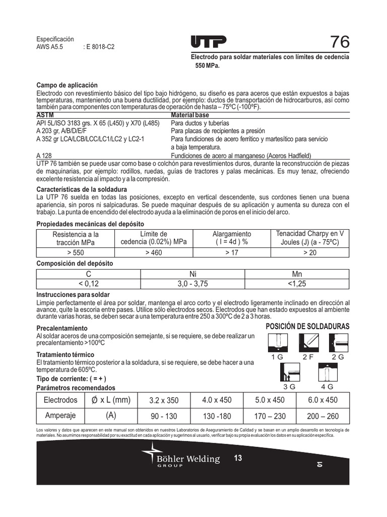 Guía de Soldadura con Electrodo UTP 76 | PDF | Soldadura | Construcción
