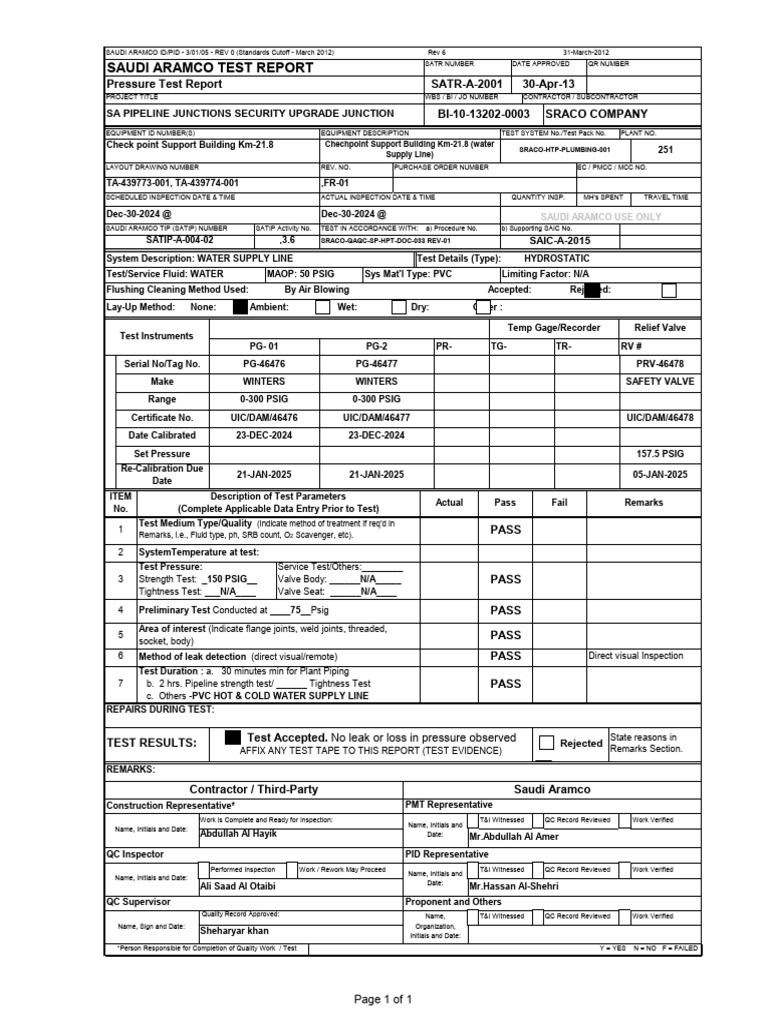 SATR-A-2001 Rev 6 Test Pressure Report | PDF | Leak | Gas Technologies