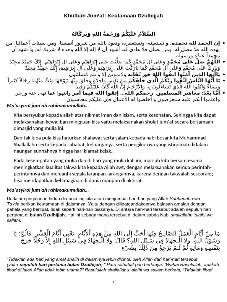 Khutbah Jum'at Keutamaan Dzulhijjah | PDF