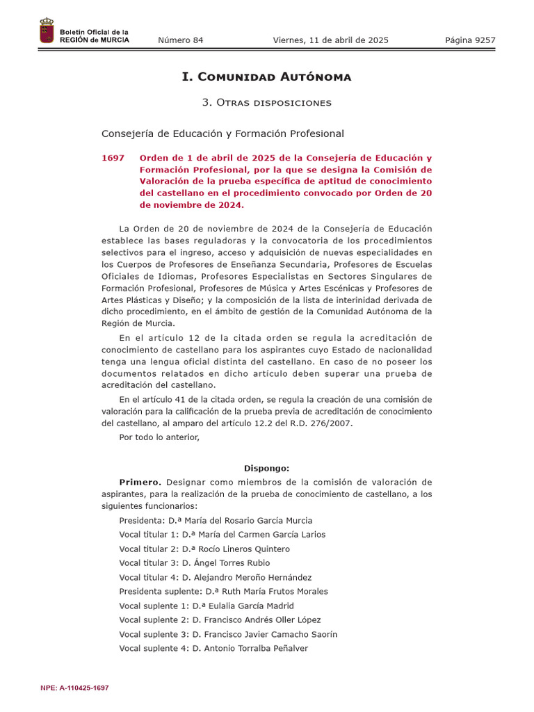 197565-Orden Comisi_n Valoraci_n Castellano 2025-1697 | PDF | Lengua española