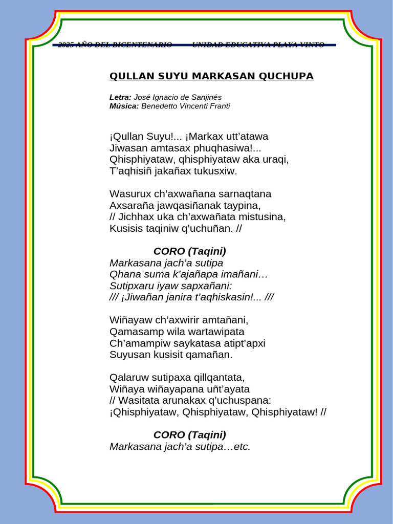 Himno Plurinacional de Bolivia en Aymara | PDF