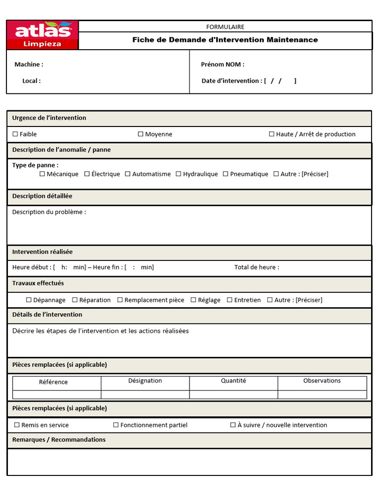 Fiche de Demande d'Intervention Maintenance | PDF