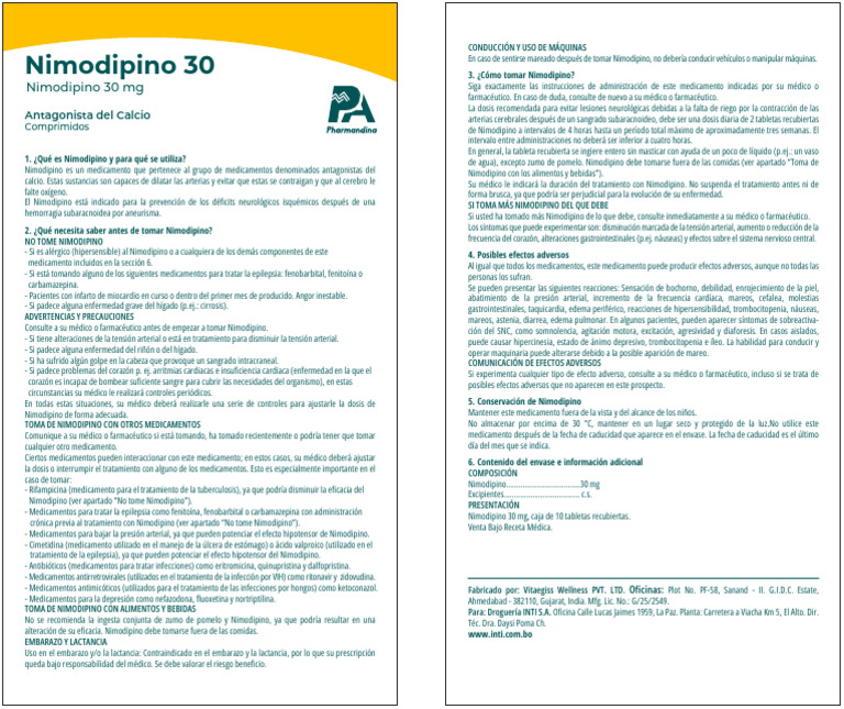 Posologia Nimodipino 30 - Tableta Recubierta | PDF | Medicamentos con ...