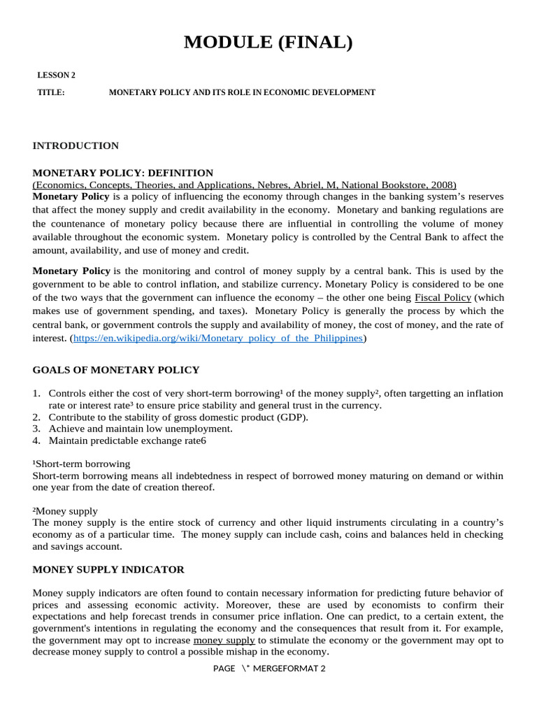 Final Module No. 2 Monetary Policy | PDF | Money Supply | Monetary Policy