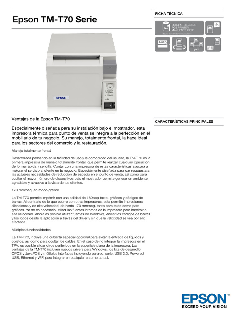 Epson-TM-T70-Serie-Ficha Tã©cnica | PDF | Impresora (Computación ...