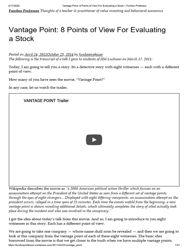Vantage Point - 8 Points of View For Evaluating A Stock - Fundoo Professor | PDF | Dividend ...