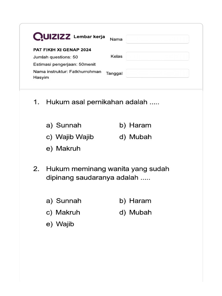 Soal PAT Fikih Xi 2 | PDF