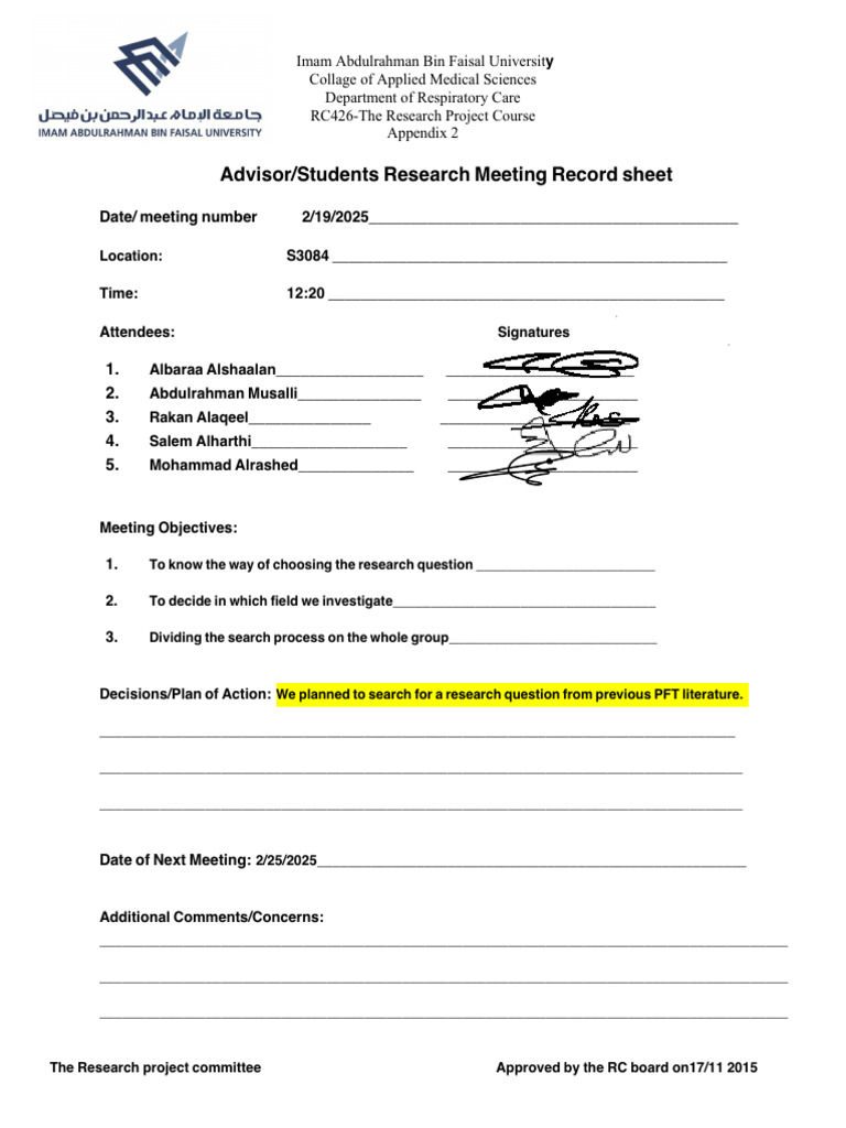 Appendix 2 RPC Advisor Students Research Meeting Record Sheet Edited 2 2 | PDF