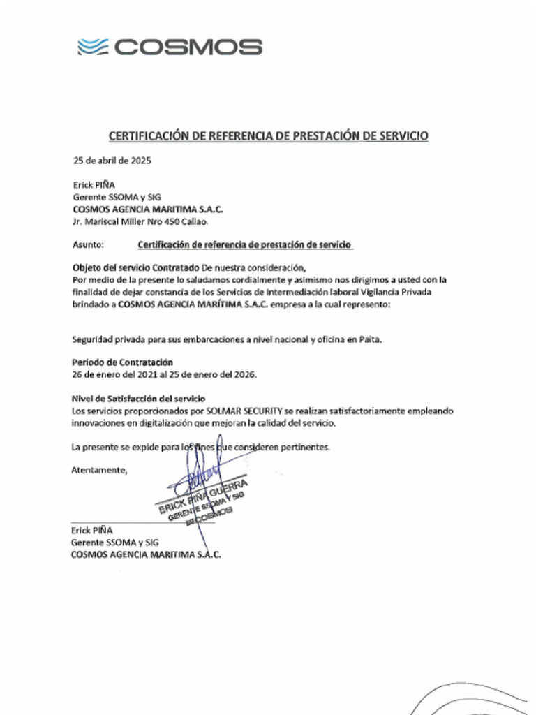 Certificación de Referencia de Prestación de Servicio - COSMOS | PDF