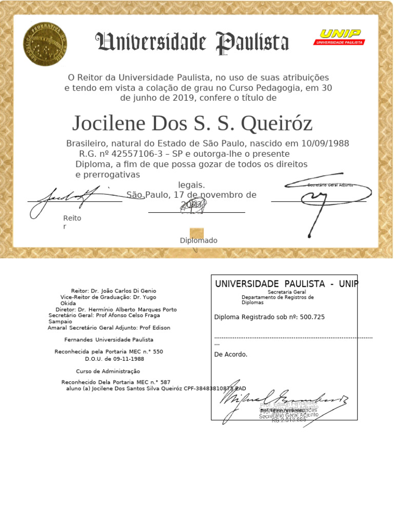 Diploma - Pedagógica Unip - Jocilene Dos Santos Silva Queiróz | PDF