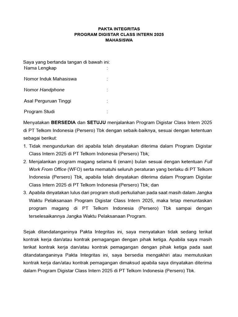 Template Pakta Integritas - MAHASISWA AKTIF | PDF
