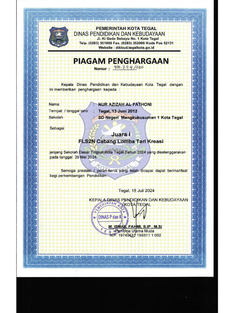 Piagam Azisah FLS2N TK Kota | PDF