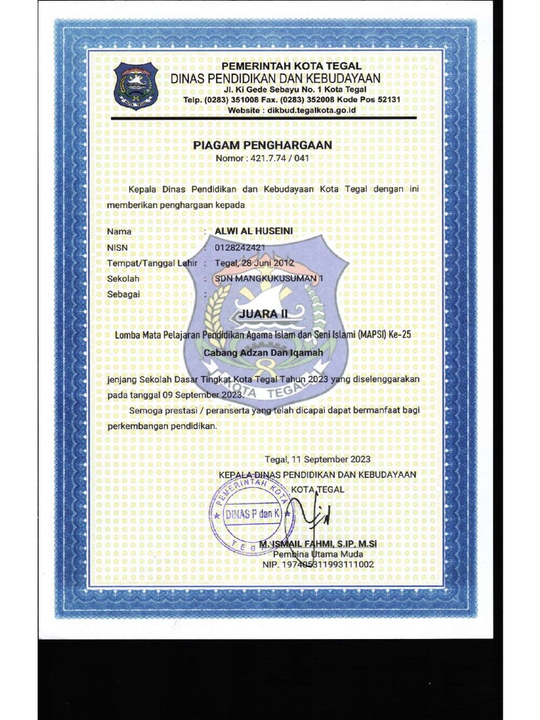 Piagam Alwi TK Kota | PDF