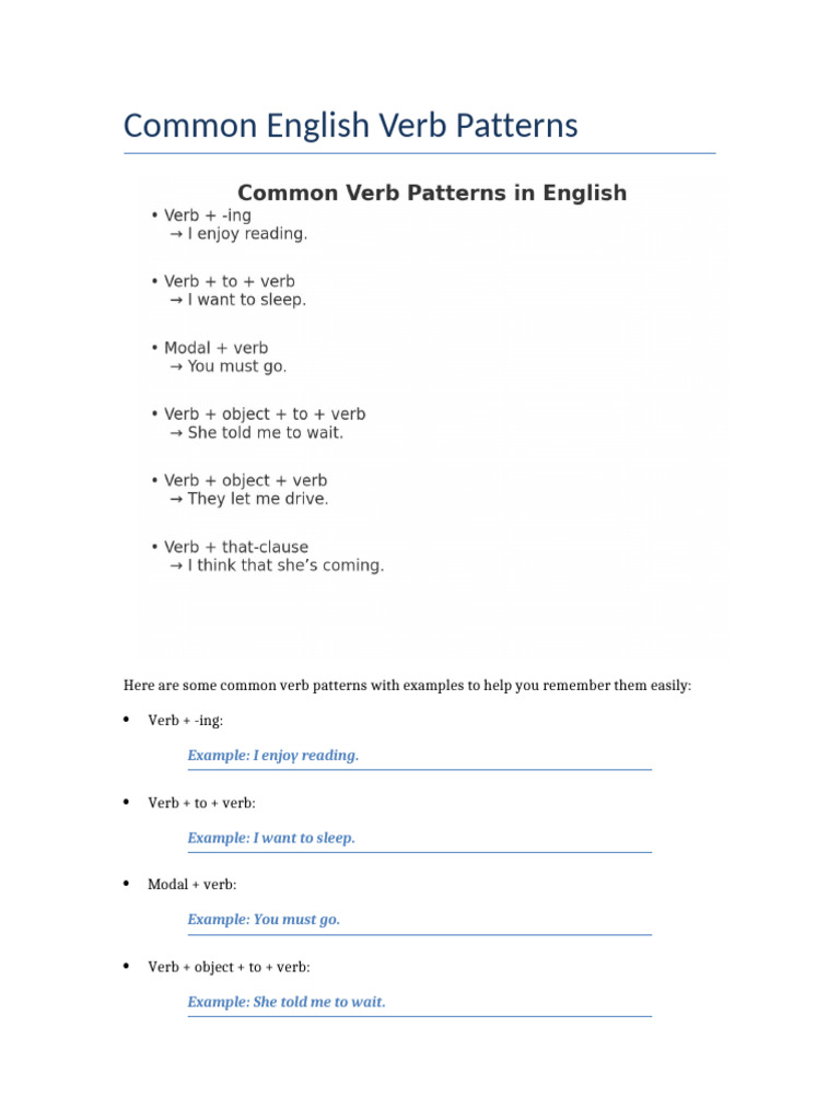 English Verb Patterns Diagram and Examples | PDF