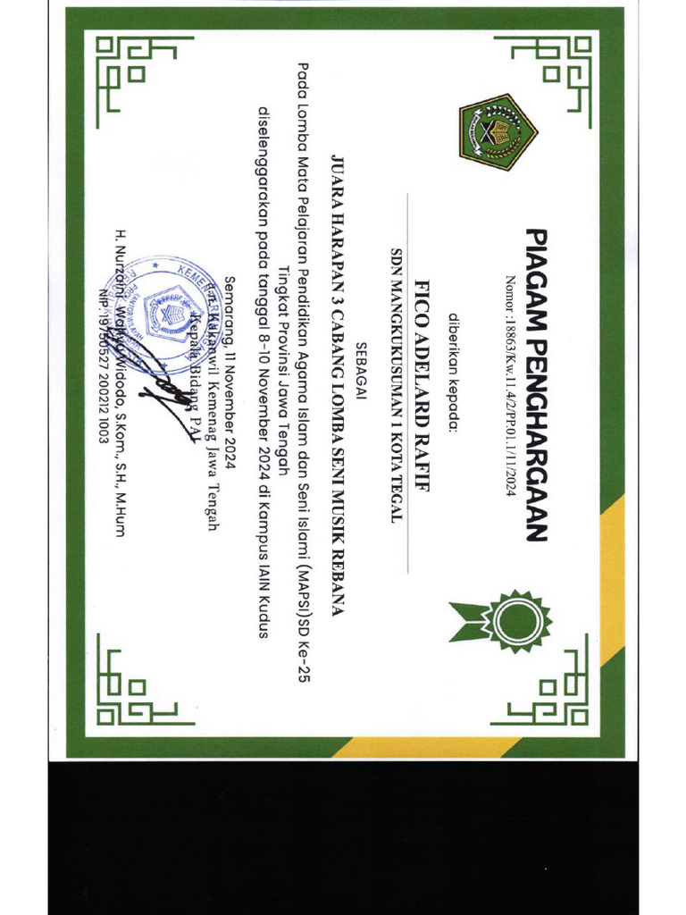 Piagam Fico Rebana TK Provinsi | PDF