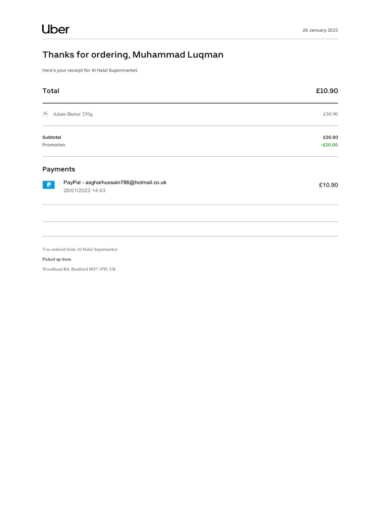 Uber Eats Adam Butter Receipt | PDF