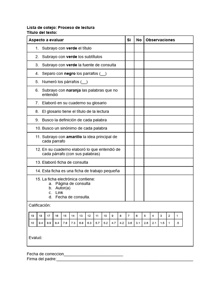 Cotejo para Evaluar Proceso de Lectura | PDF