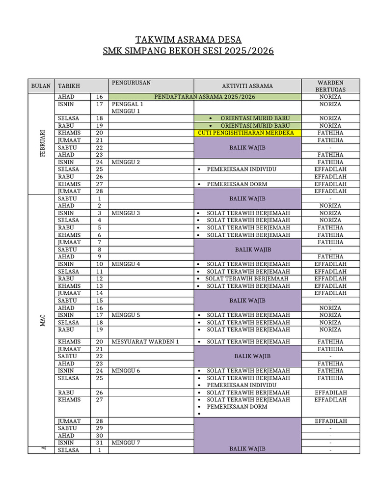 Takwim Asrama SMK Simpang Bekoh 2025.2026 | PDF