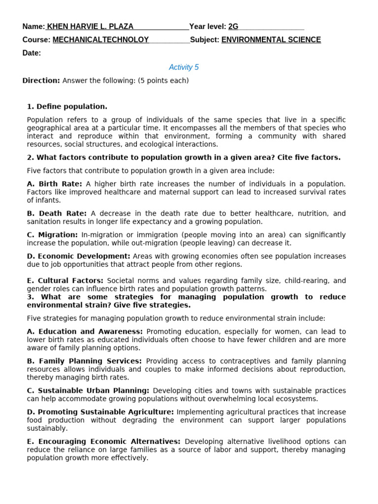 EnviSci Activity5 KHEN | PDF | Family Planning | Sustainability