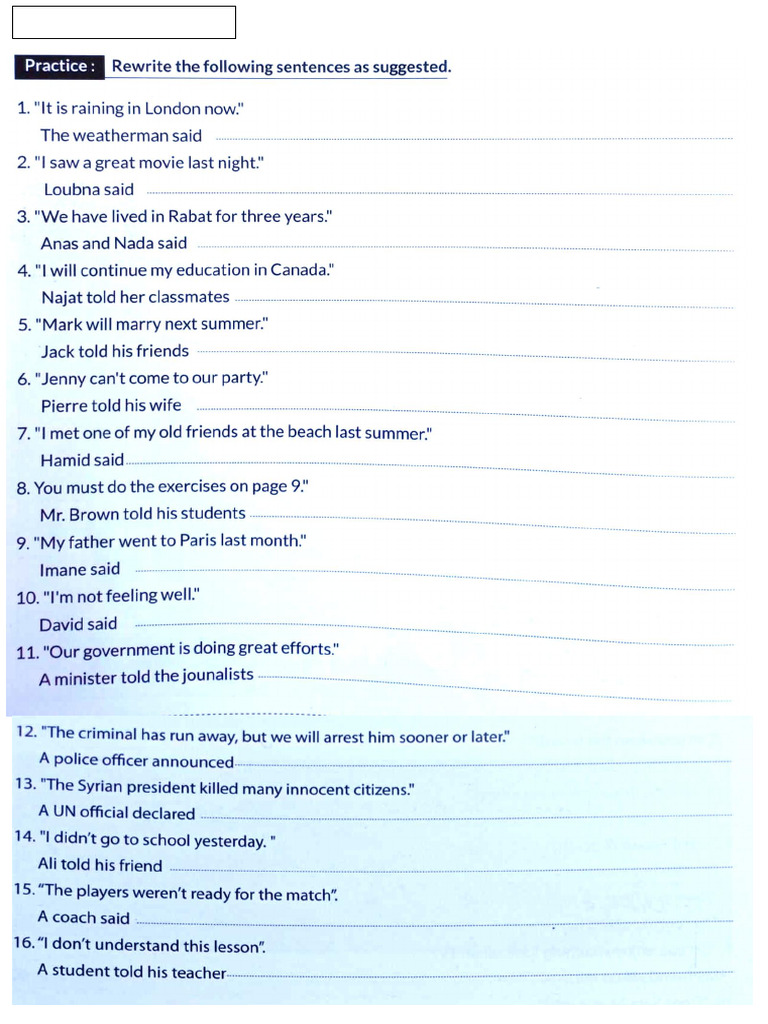 Reported Speech Practice 4 Tasks | PDF