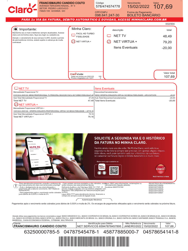 Segunda Via Boleto Claro - Janeiro 2022 | PDF | Bancos | Serviços ...