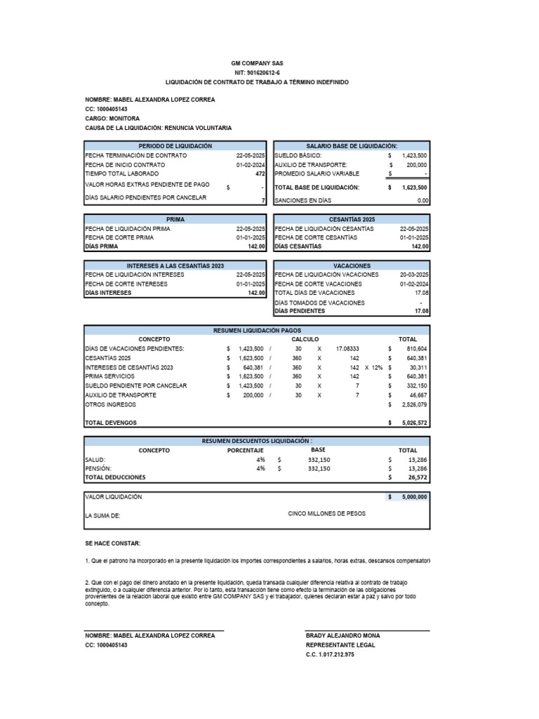 Liquidacion GM Company Mabel Alexandra Lopez | PDF | Economias | Labor