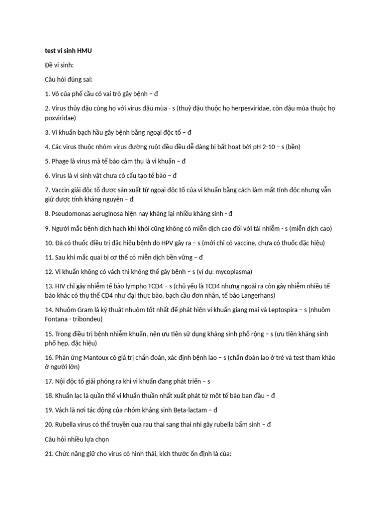 Test Vi Sinh HMU | PDF