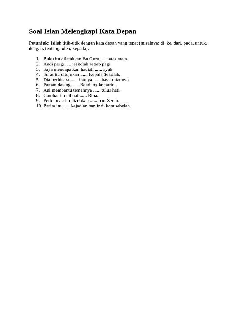 Soal Isian Melengkapi Kata Depan | PDF