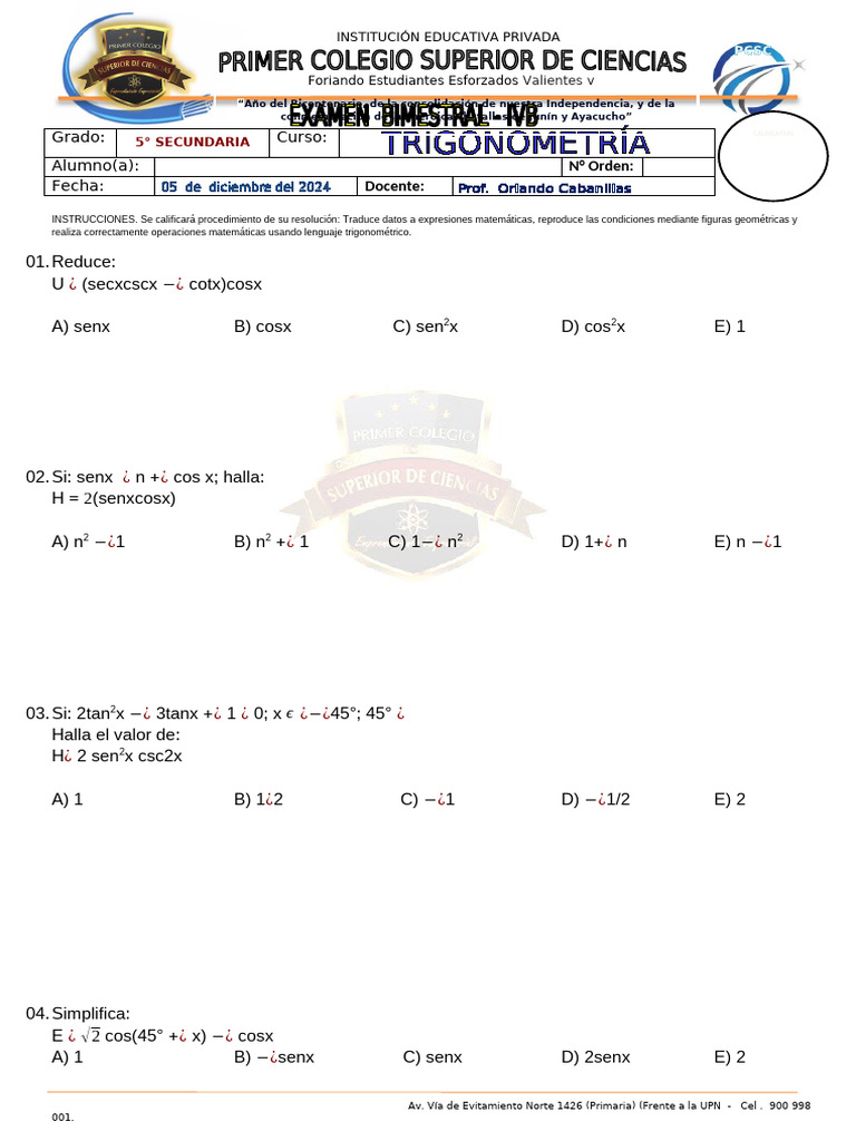 Examen Bimestral 5° Trig | PDF | Geometría triangular | Matemáticas