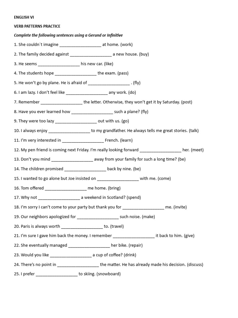 Verb Patterns Practice | PDF