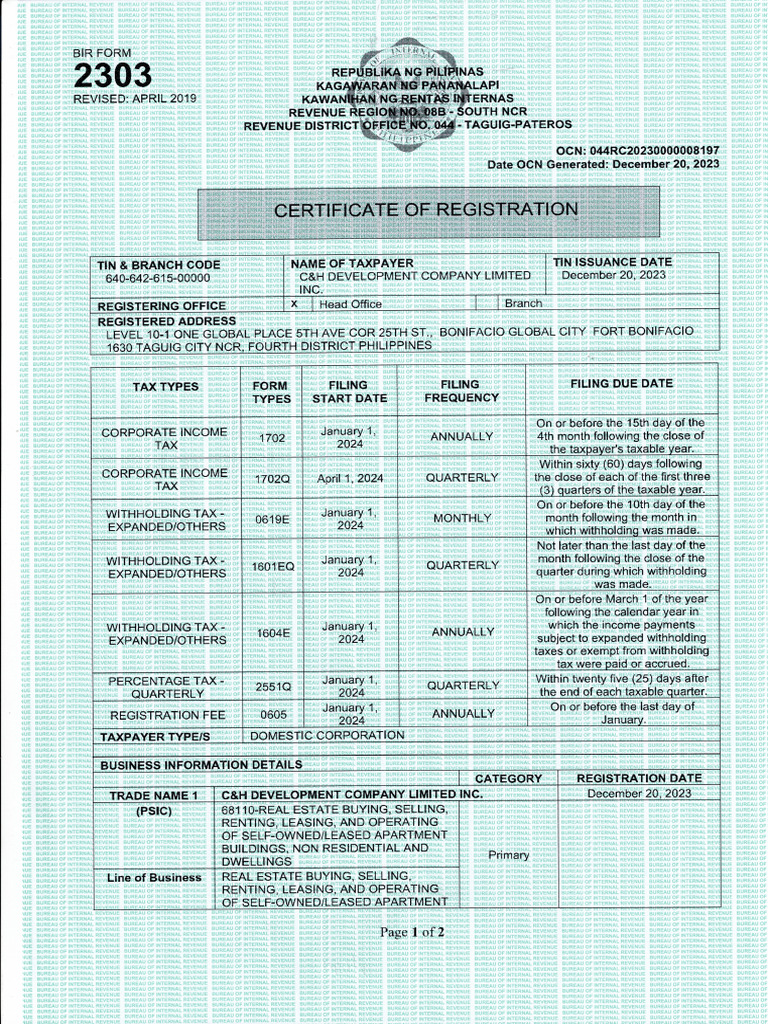 C&H - BIR 2303 - Certificate of Registration | PDF