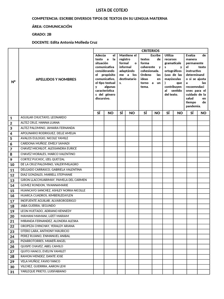 Lista de Cotejo - Escribe 2b Experiencia 2 Unidad 2 | PDF