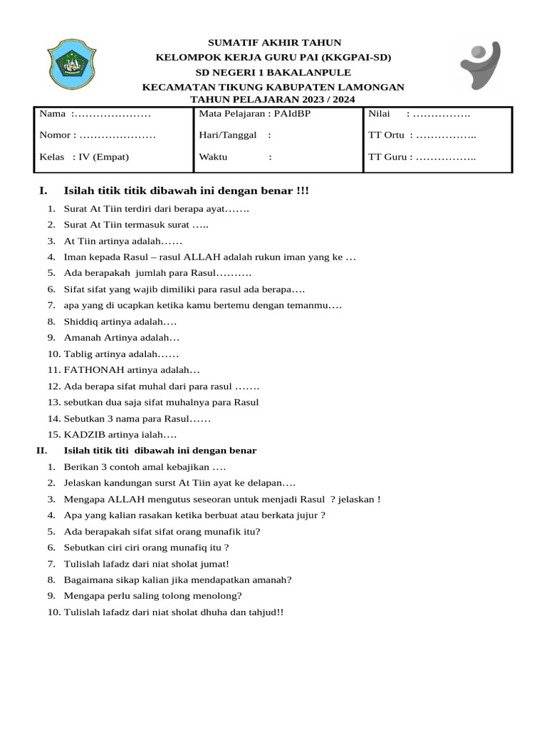 Soal Pai Kelas IV Sester Genap 2024 | PDF