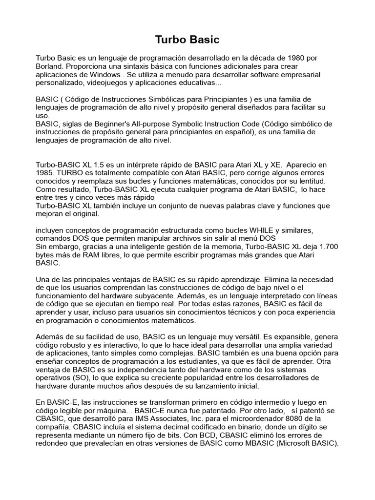 Turbo Basic Versiones | PDF | Básico | Programación de computadoras