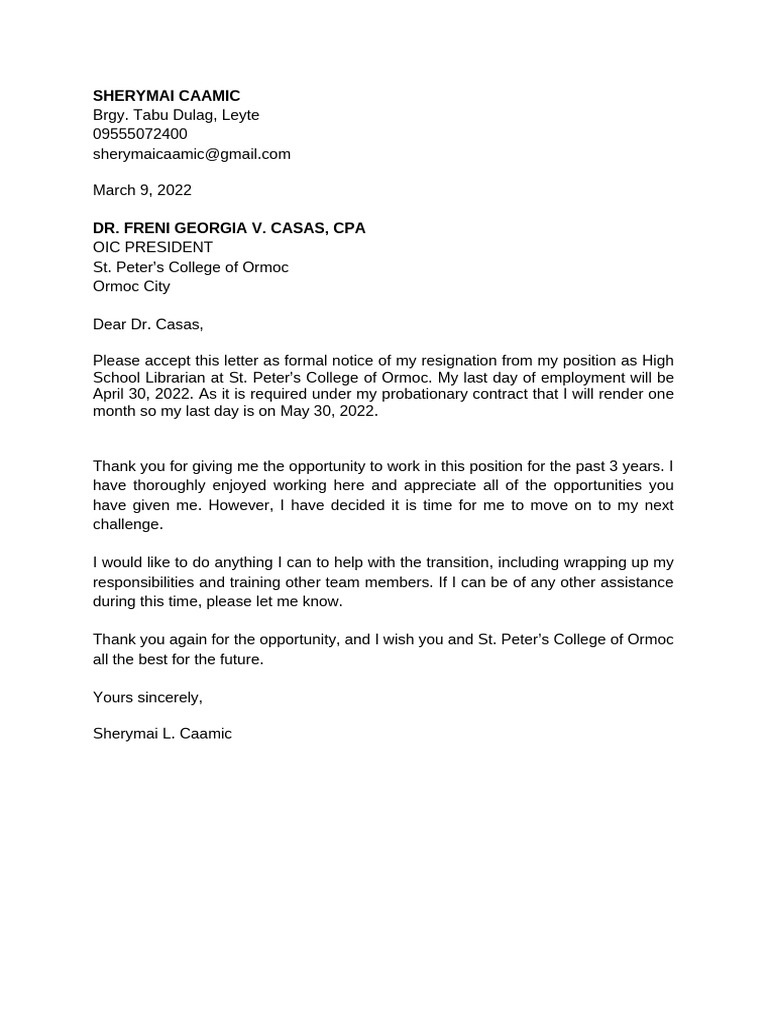 Resignation (Formal) | PDF