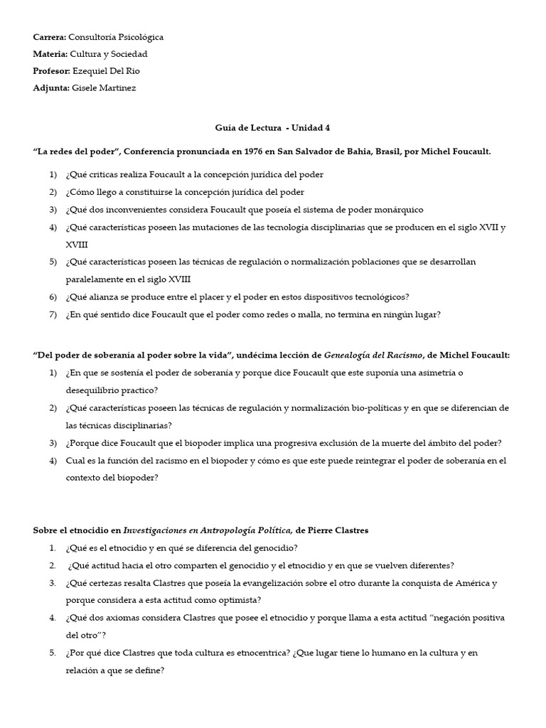 Guia de Lectura_Unidad 4.Doc | PDF | Michel Foucault | Sociedad