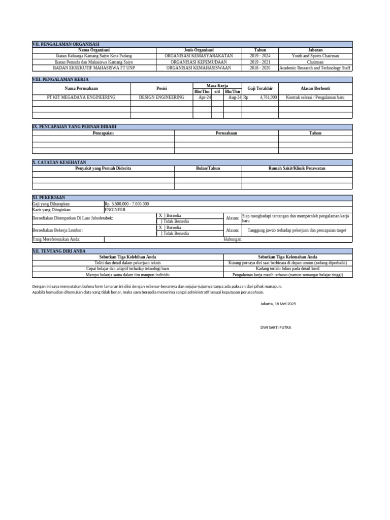 Personal Data Form SJG - Dwi Sakti Putra | PDF