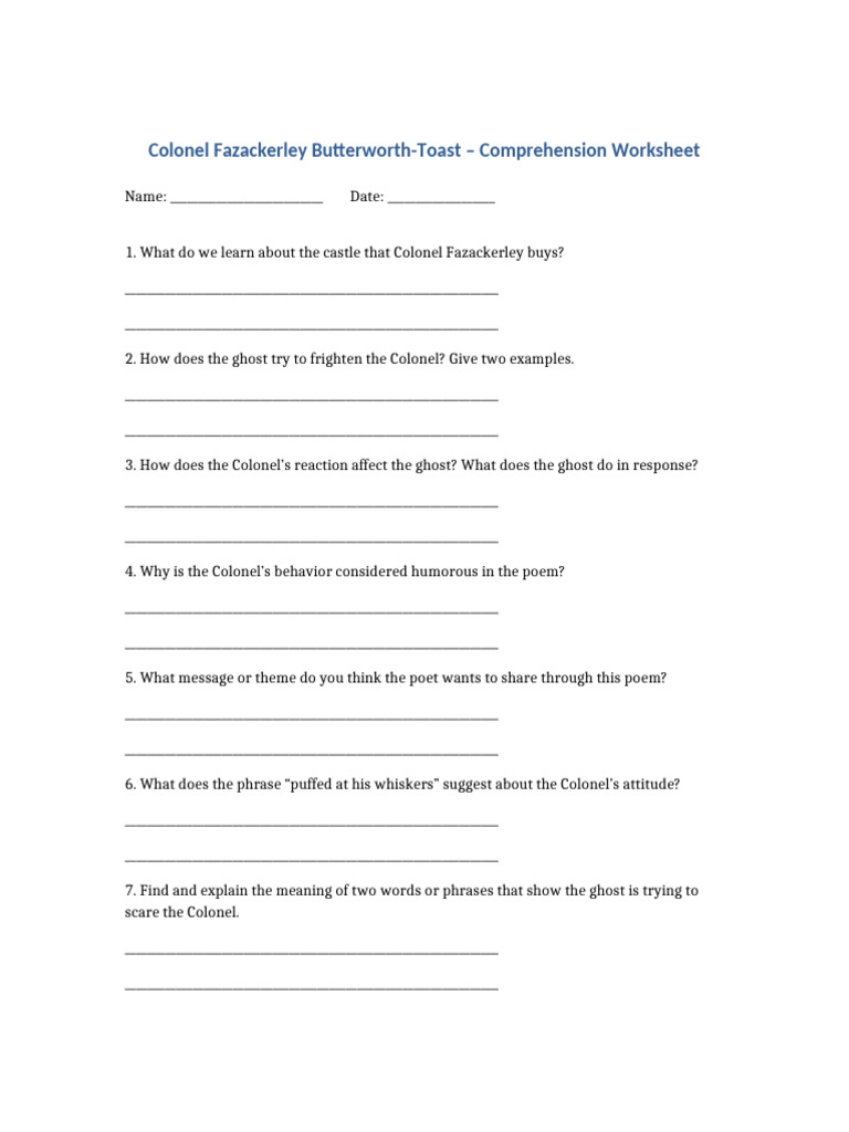 Colonel Fazackerley Poem Worksheet | PDF | Poetry