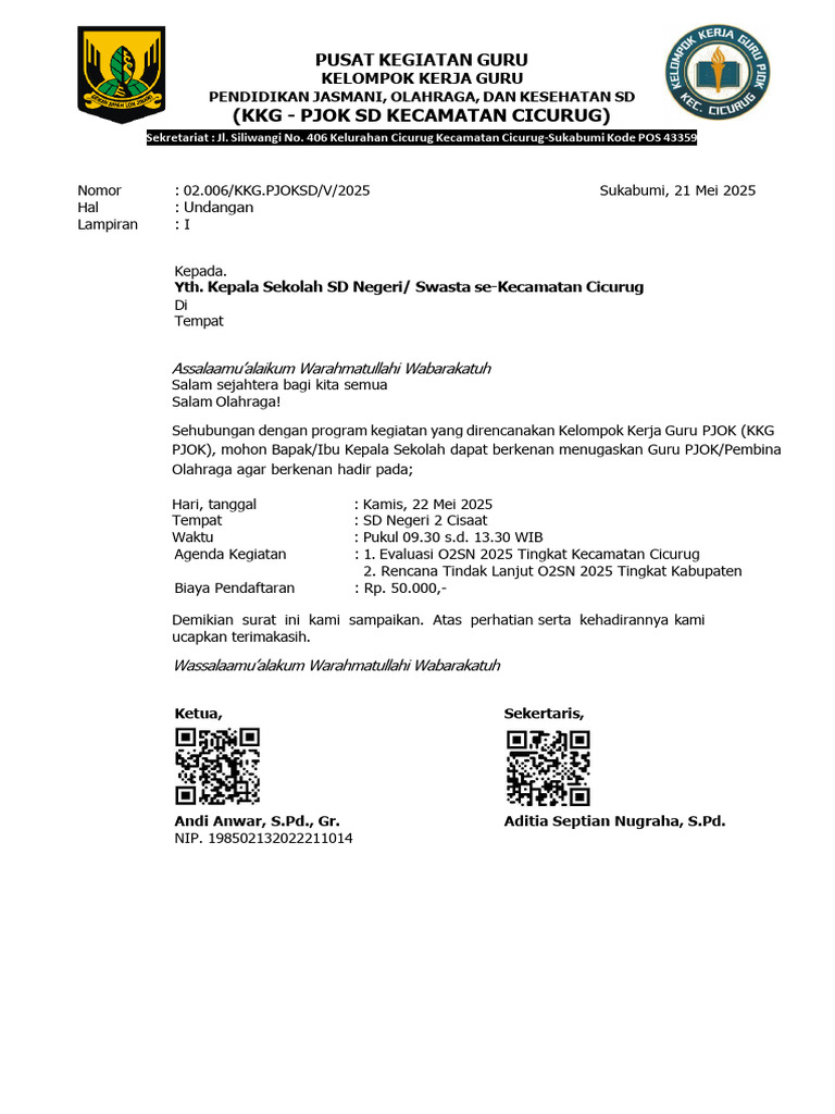 Undangan Kkg Pjok Bulan Mei 2025 | PDF